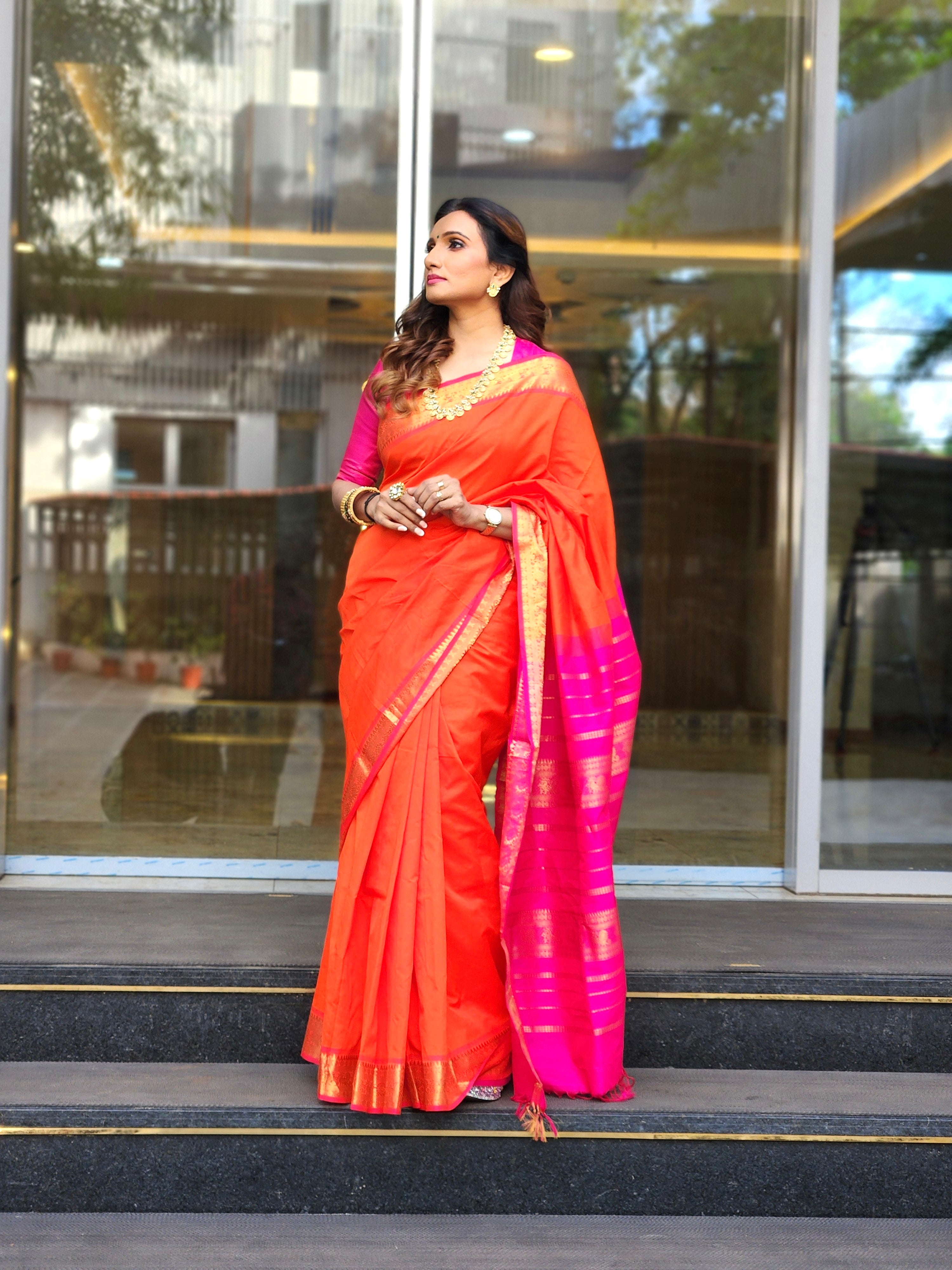 Orange and Gulabi Pink Saree – Vedhika Fashion Studio